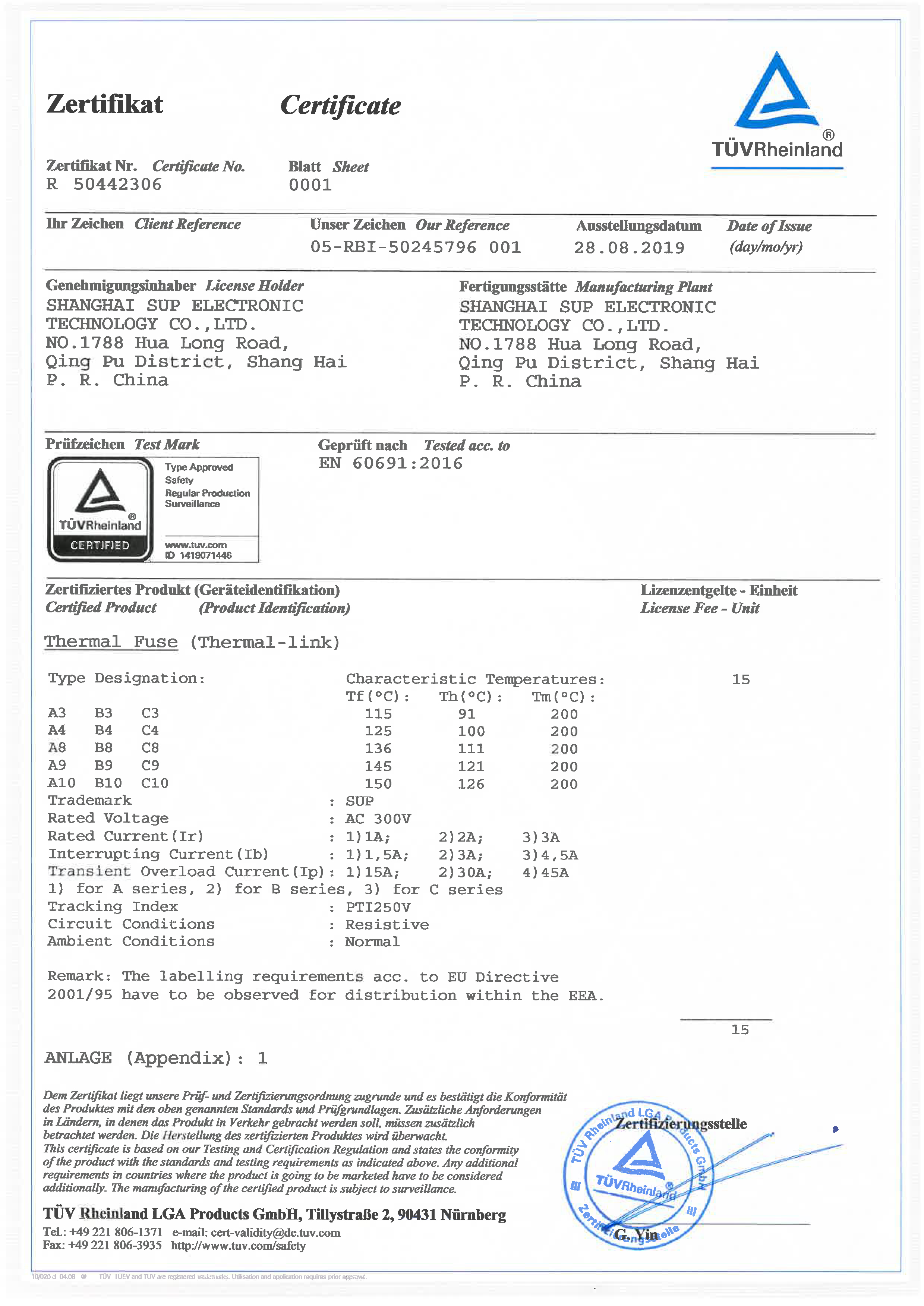 Buy Wholesale China Thermal Link/protectors With 10a 250v/300v,tf 102c To 150c With Ul/cul/tuv ...